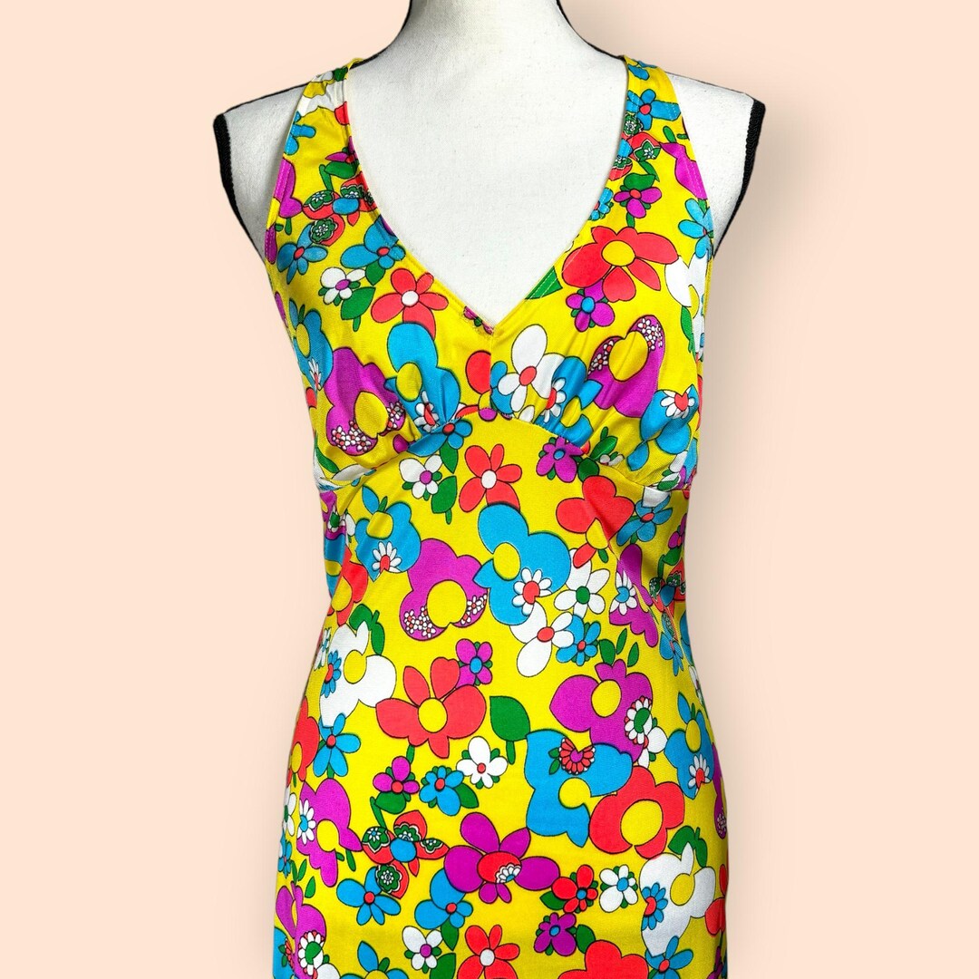 70s Halter Dress, Flower Power Pattern, 1960s 1970s, Multi Bright ...