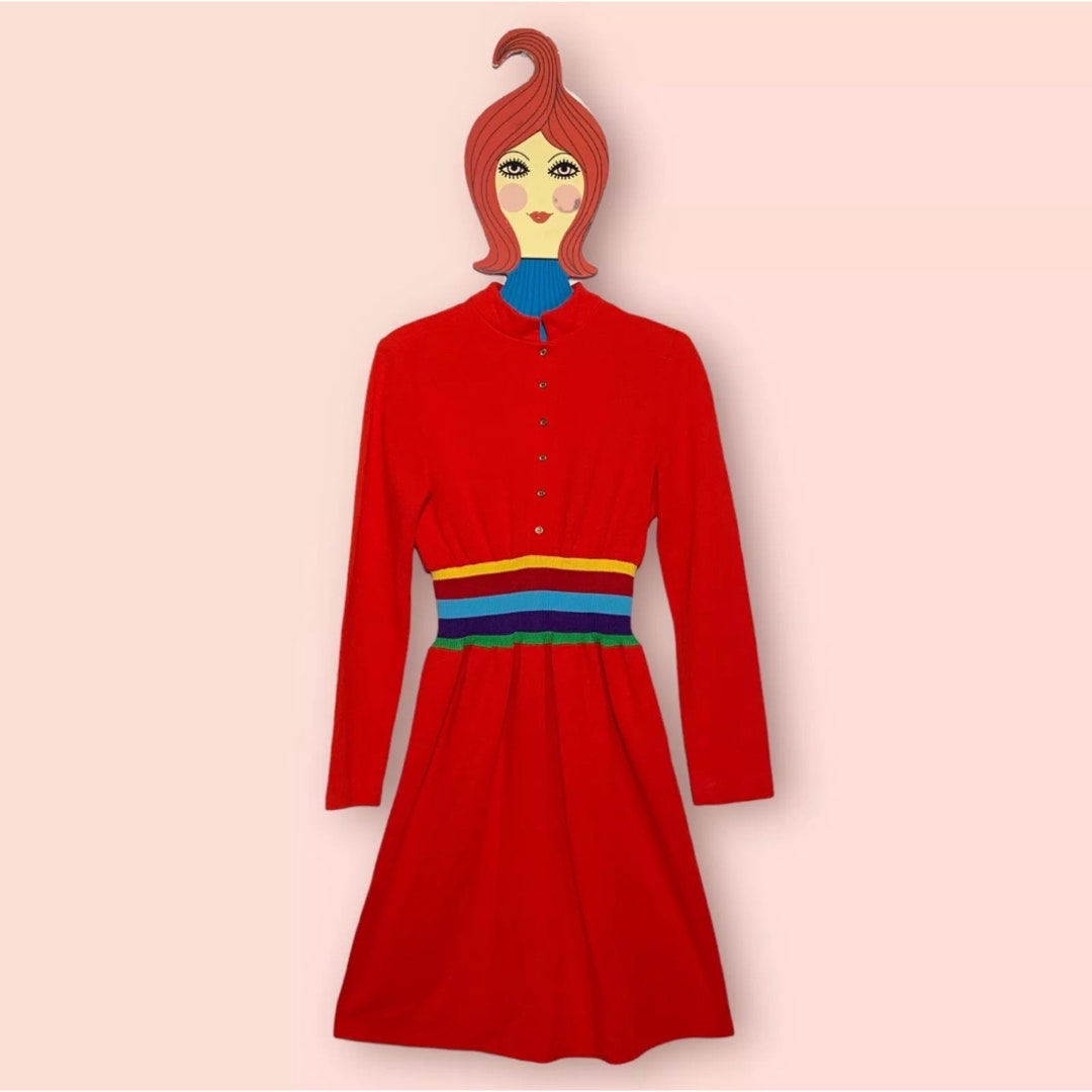 Vintage 60s 70s Clothes Secretary Geek 1970s Red and Rainbow Dress Mock ...