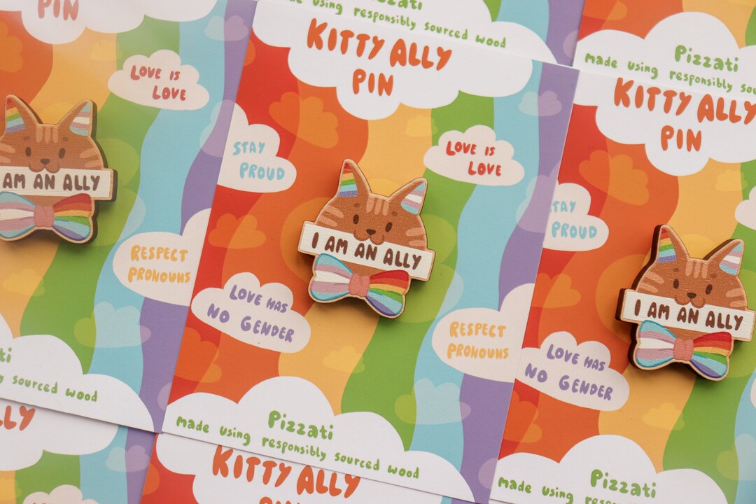 Kitty Ally Wooden Pin - Transgender Cat Badge - Queer Ally Cute Pin ...
