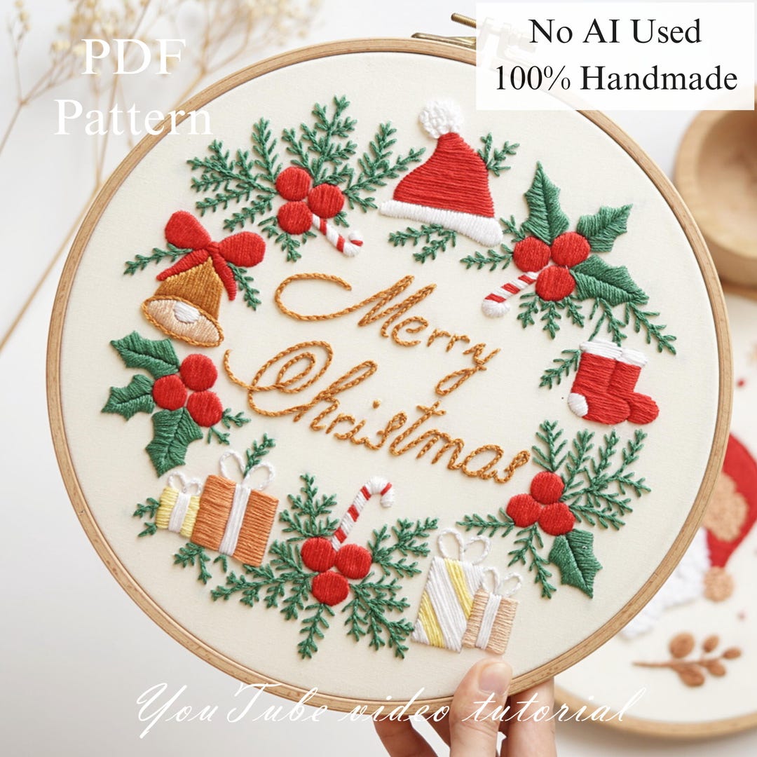 Christmas Embroidery Pattern: Holiday Wreath (PDF Pattern + Video ...