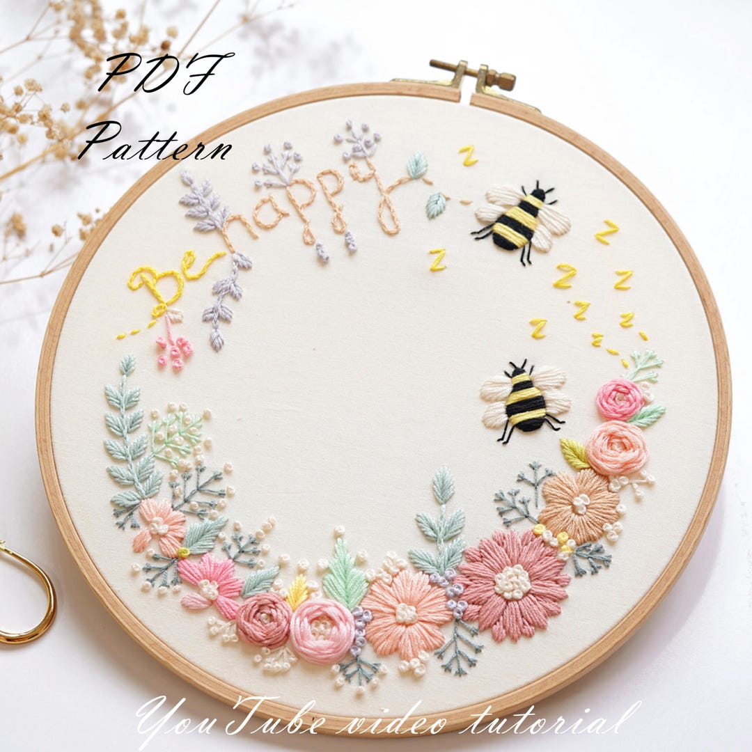 Be Happy Hand Embroidery Pattern: Beginner Spring Design (PDF Pattern + Video Tutorial) - Etsy