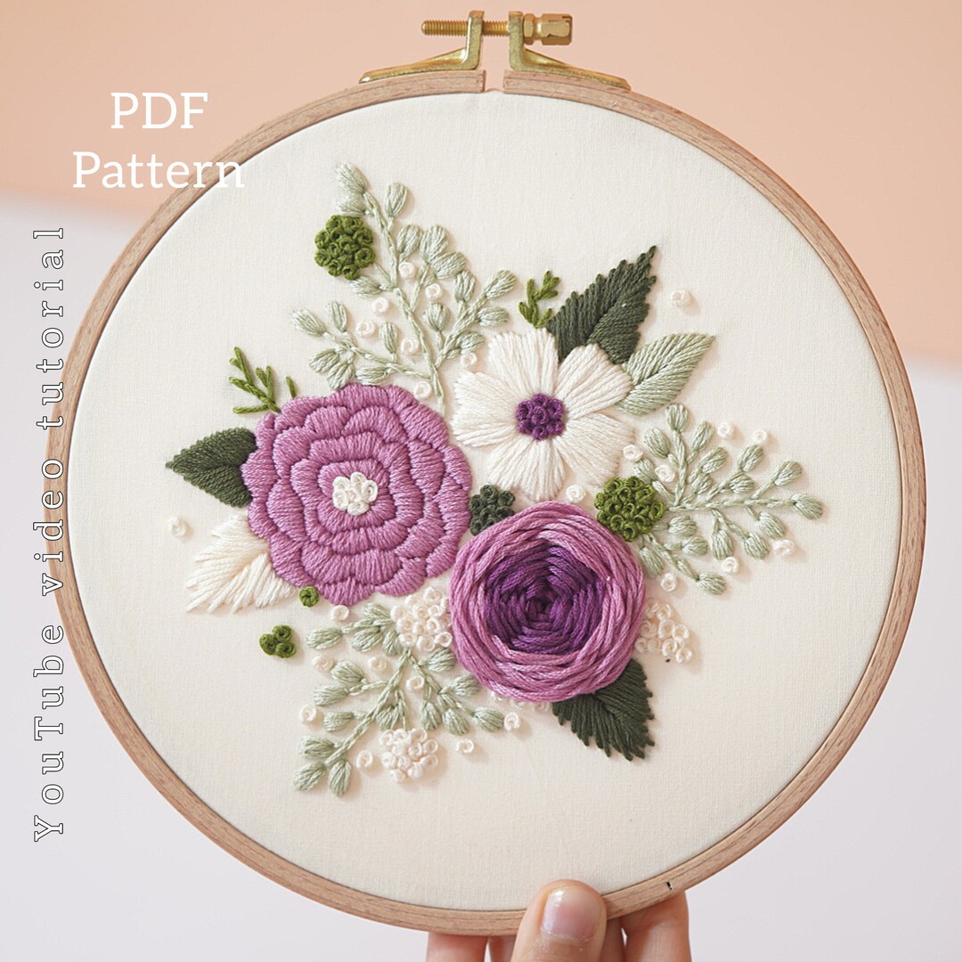 PDF Pattern Video Tutorial/purple Bouquet-hand Embroidery Pattern ...
