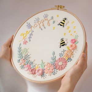 Be Happy Hand Embroidery Pattern: Beginner Spring Design (PDF Pattern ...