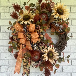 Fall Farmhouse Wreath With Sunflowers and Pumpkins, Harvest Door Hanger ...