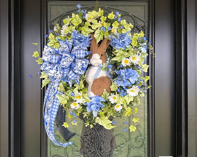 Spring Bunny and Blue Hydrangea Door Hanger, Easter Grapevine Wreath ...