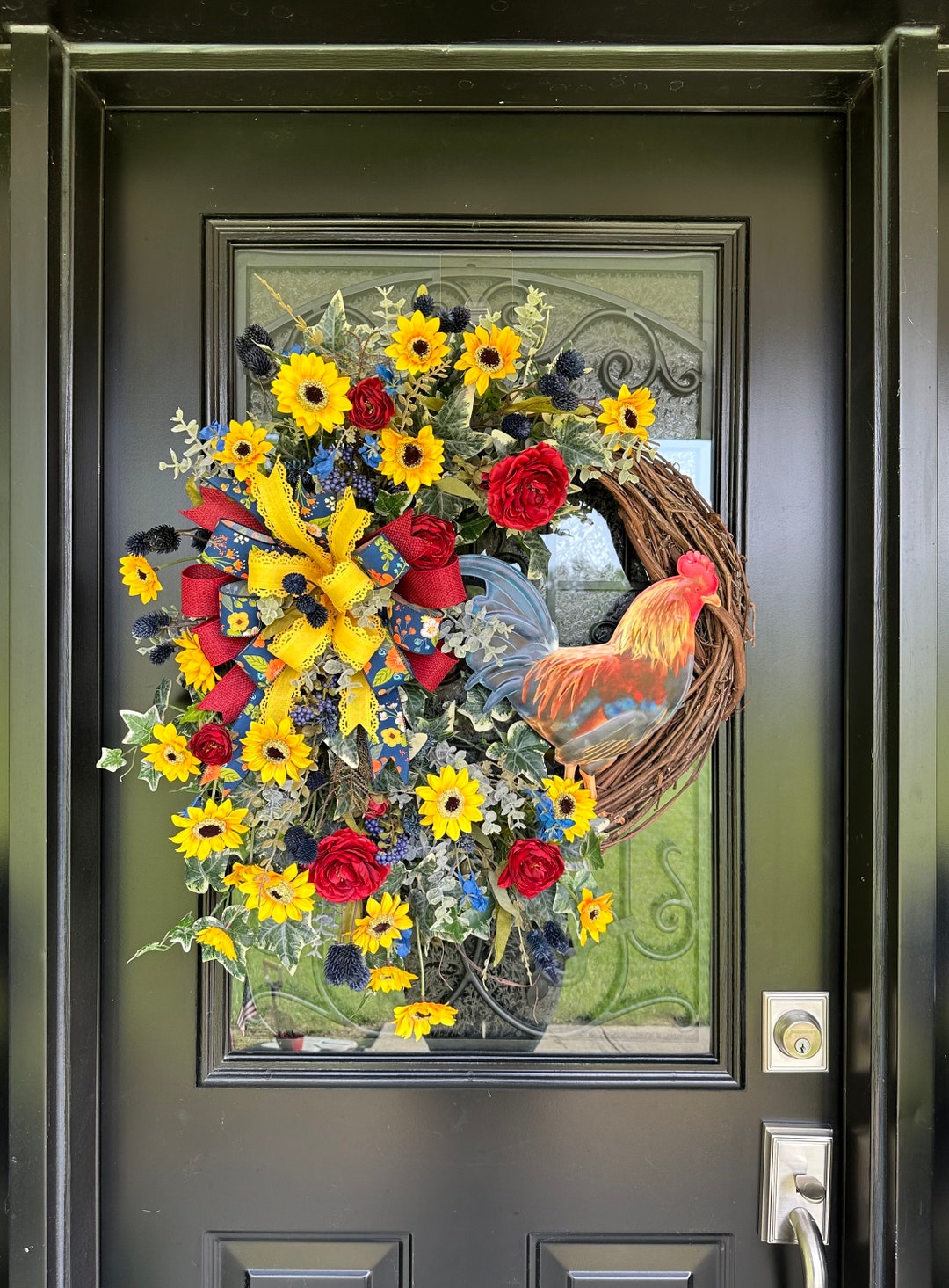 Farmhouse Chicken Wreath, Red and Yellow Summer Wreath, Rooster Wreath ...