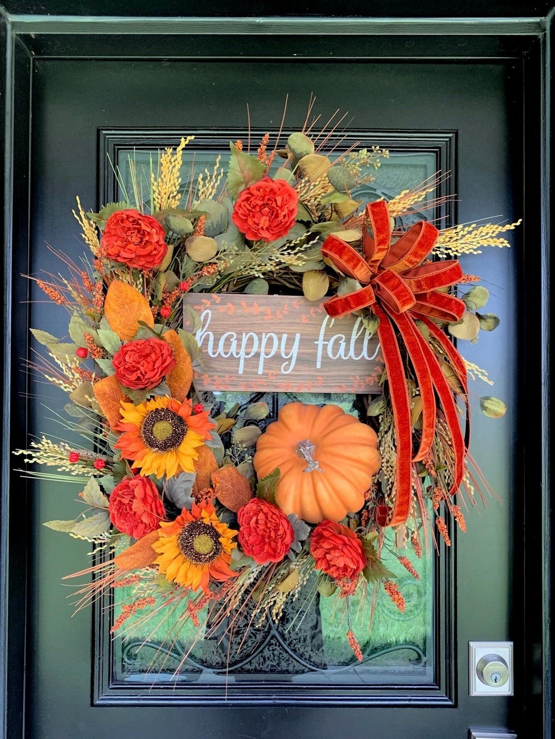 Happy Fall Door Hanger, Autumn Sunflower and Pumpkin Wreath With Bow ...