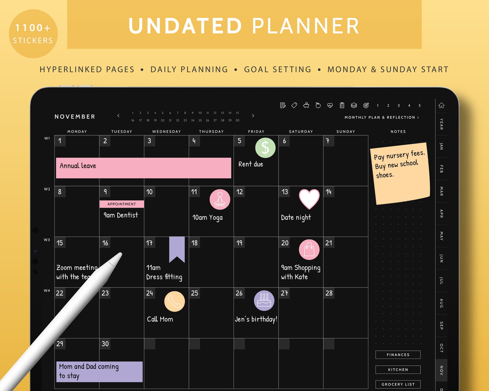 Digital Planner Blackout Dark Mode Goodnotes Undated Daily | Etsy