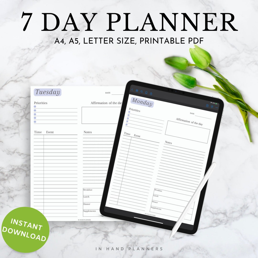 7 Day Planner, Digital Daily Planner, Daily Insert, Daily Printable ...