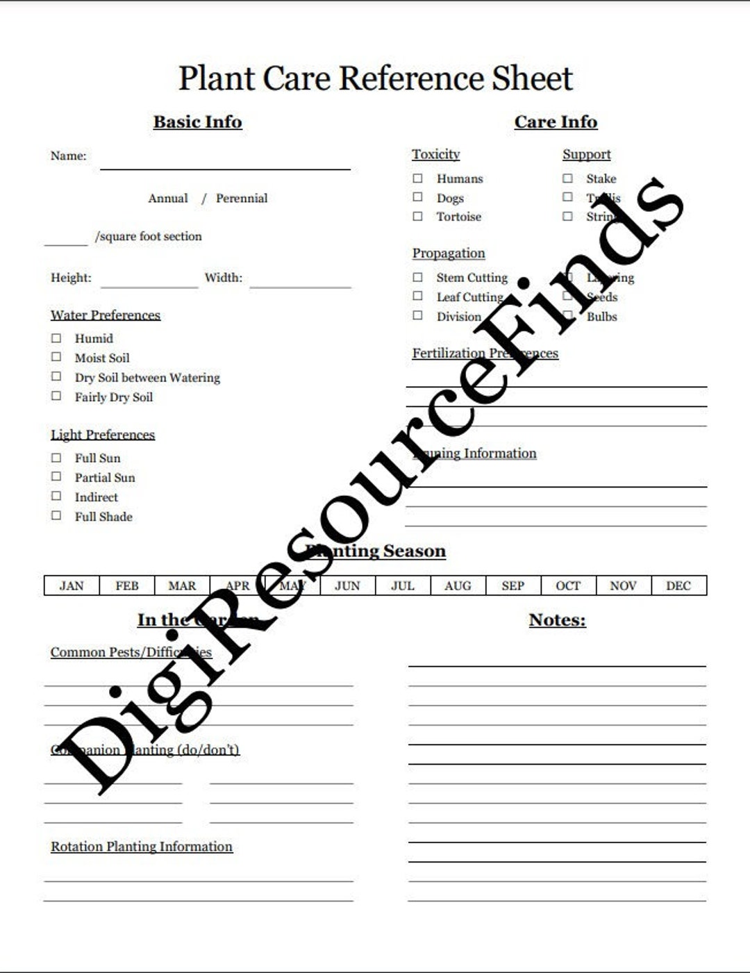 Detailed Plant Care Reference Sheet - Etsy