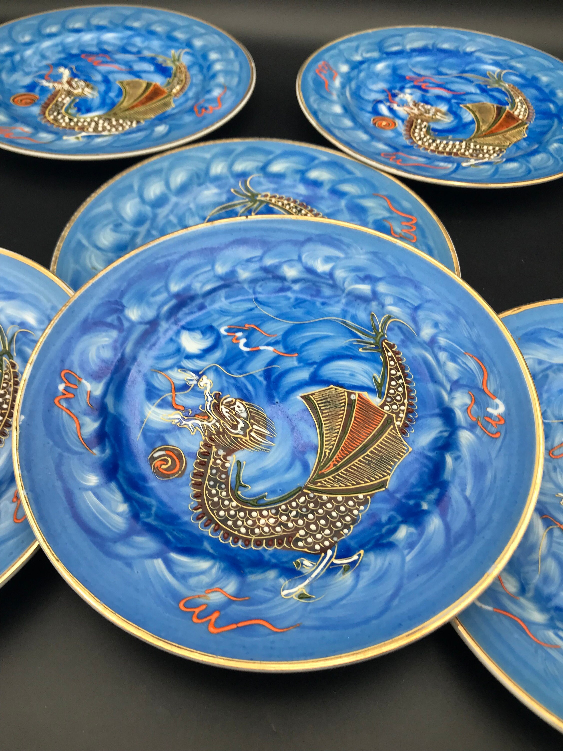 Antique Satsuma Dragonware Bone Capri Blue China Tea Set 14 Pieces Made ...