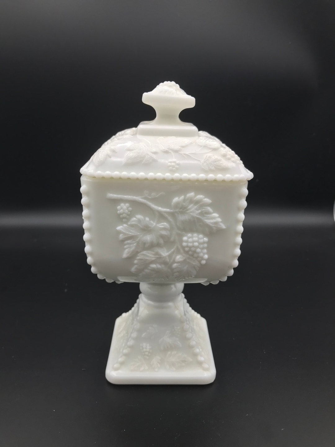 Vintage Milk Glass Pedestal Compote Covered Bowl With Grapes-square - 8 ...