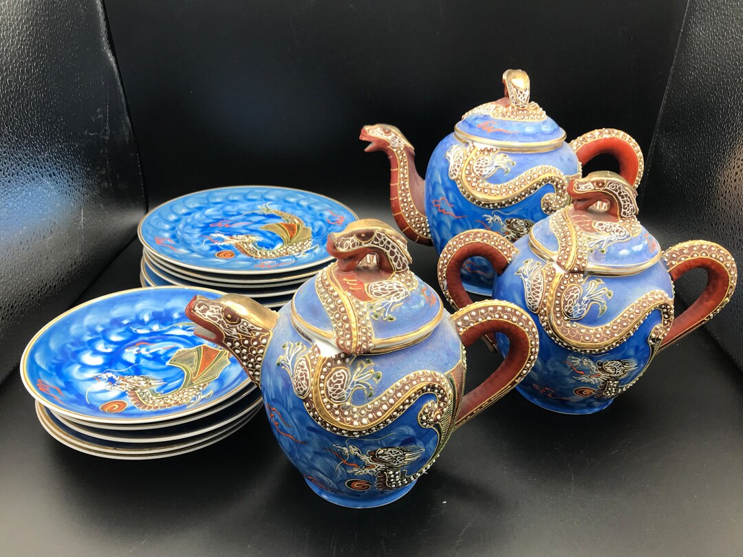 Antique Satsuma Dragonware Bone Capri Blue China Tea Set - 14 Pieces ...