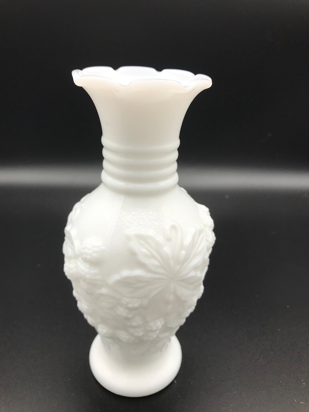 Vintage MCM Milk Glass Flower Vase With Floral and Berry Motifs - 6 1/4 ...