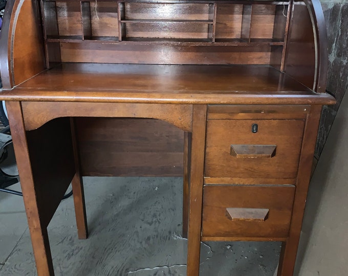 1940’s Child’s Solid Oak Wood Roll Top Desk 2ft Tall Writing Top 2 ...