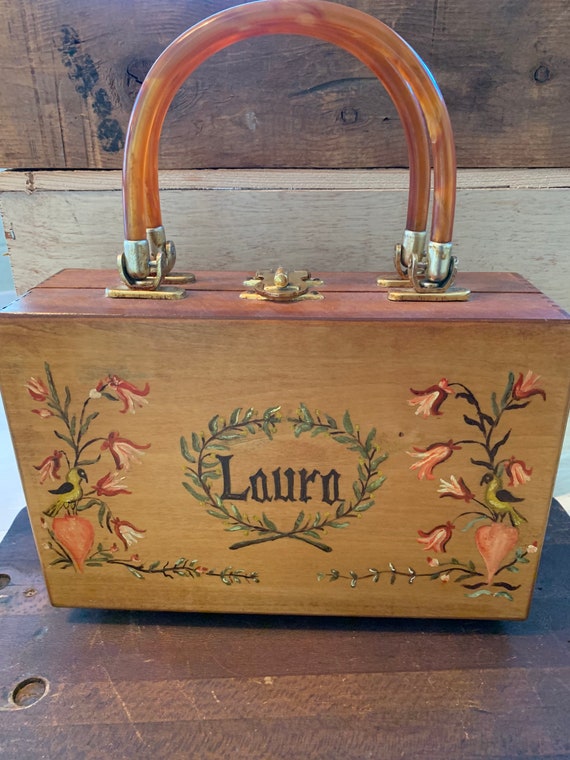 Vintage 1960s Hand painted Wood Purse - Gem