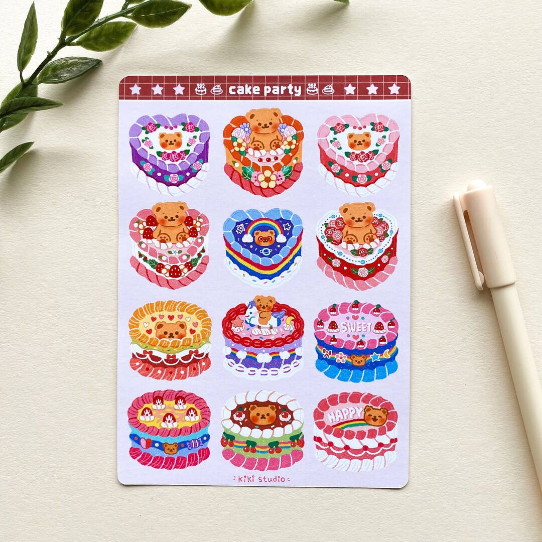 Hoja de calcomanías de Cake Party: linda, kawaii, estética, oso, fresa ...