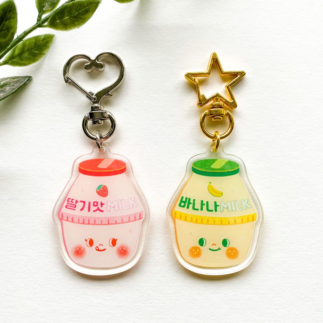 Korean Banana & Strawberry Milk Keychain Acrylic Keyring, Kawaii, Cute ...