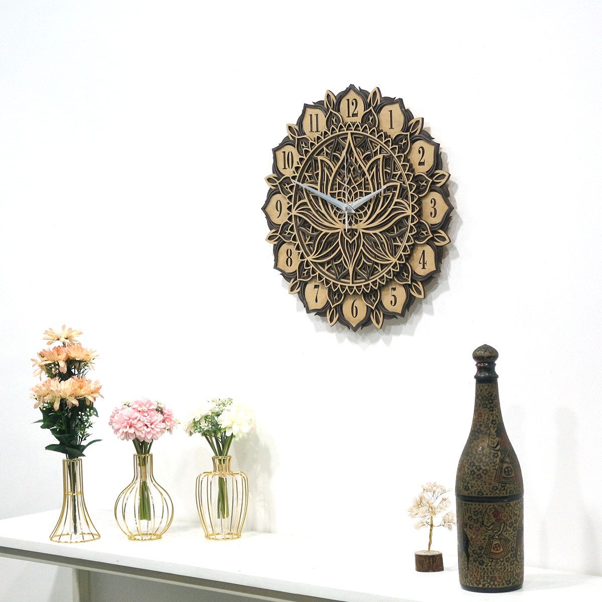 Mandala Clock Wooden Layered Wall Clock Living Room Clock - Etsy