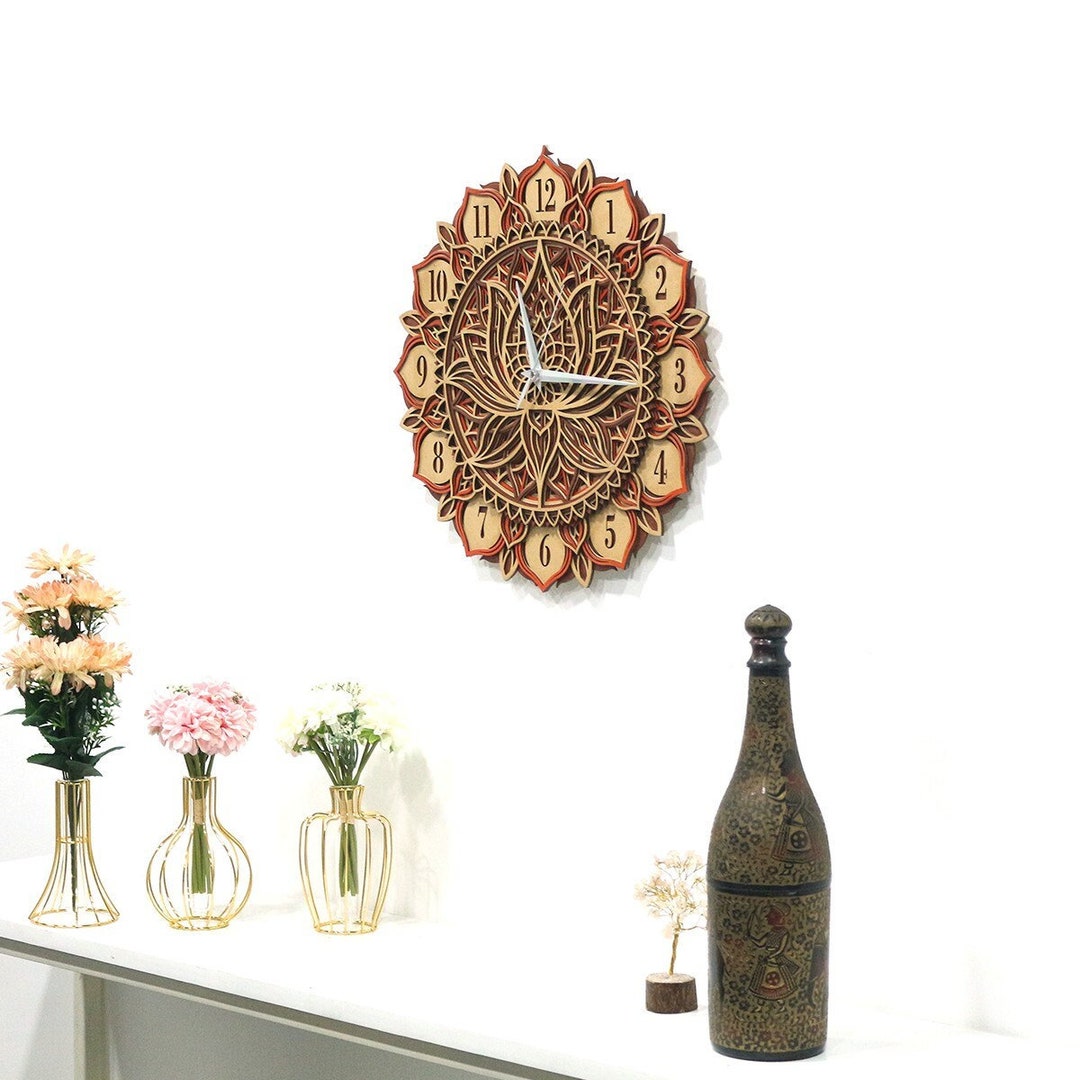 Mandala Clock Wooden Layered Wall Clock Living Room Clock Unique Wall ...