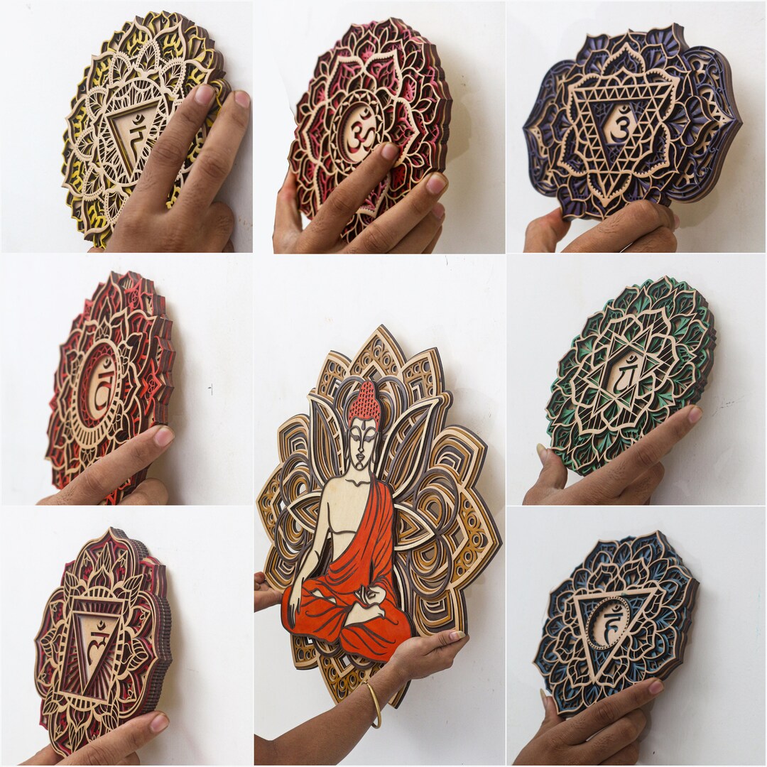 Wooden Buddha With 7 Chakras Set Wooden Wall Hanging Mandala - Etsy