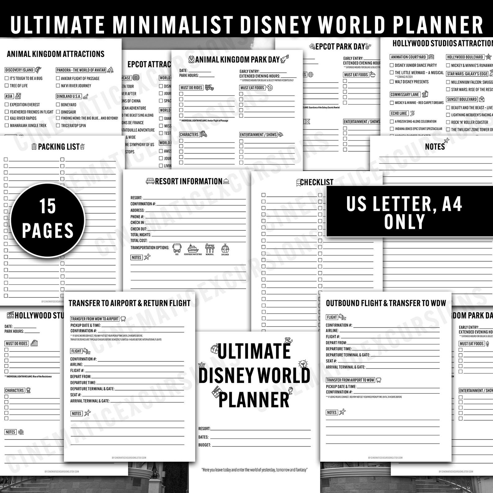 Printable Minimalist WDW Planner, 15 Pages, Park Day Planner ...