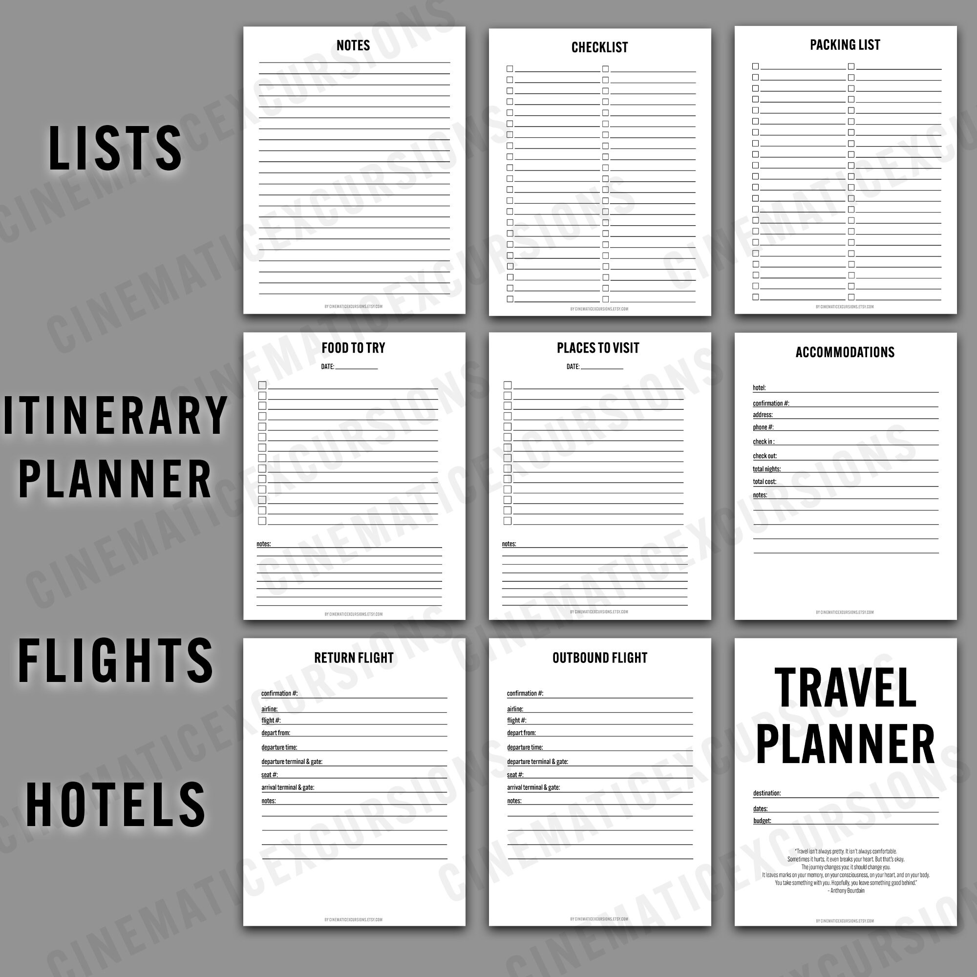 Printable Minimalist Travel Planner, 9 Pages, Trip Itinerary Planner ...