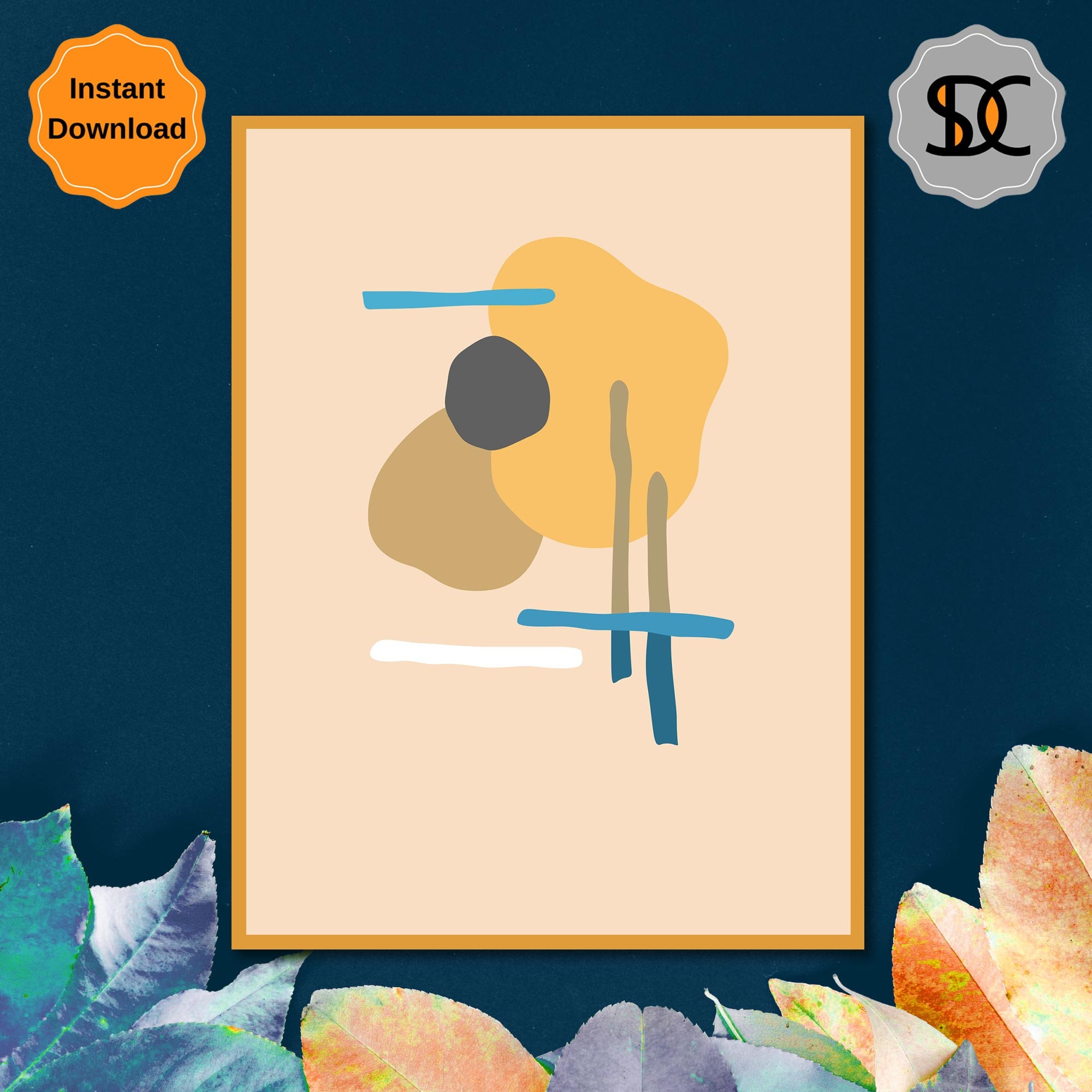 Earth Tone Wall Art With Blue Abstract Stripes Digital Print, Aesthetic ...