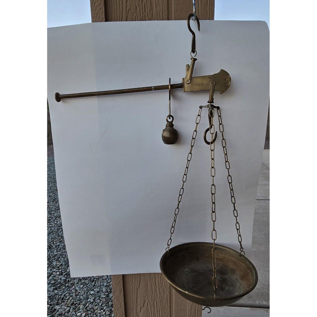 Antique Brass Balance Beam Arm Hanging Scale With 9" Pan Hooks & Weight ...