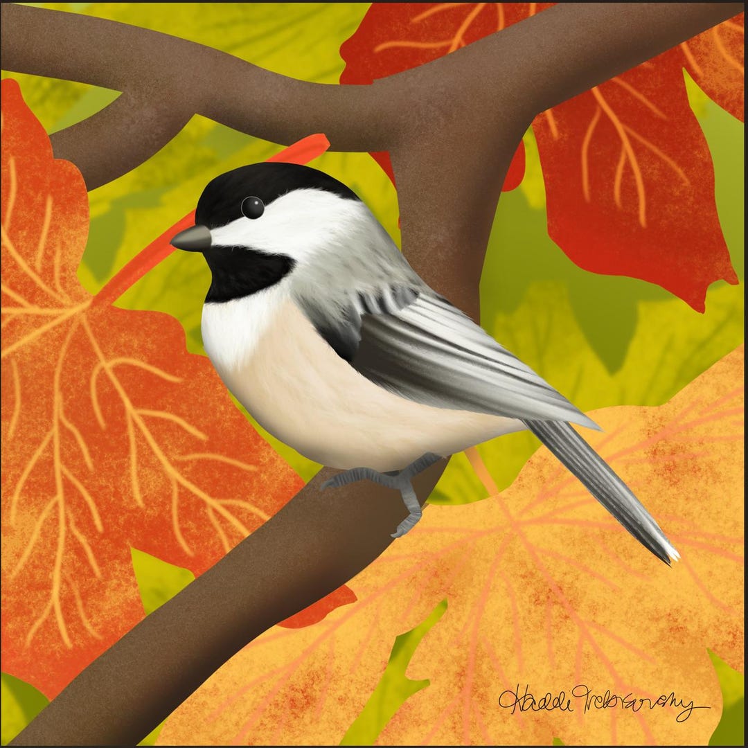 Chickadee Fall Art Print | Autumn Leaves Wildlife Decor (digital ...