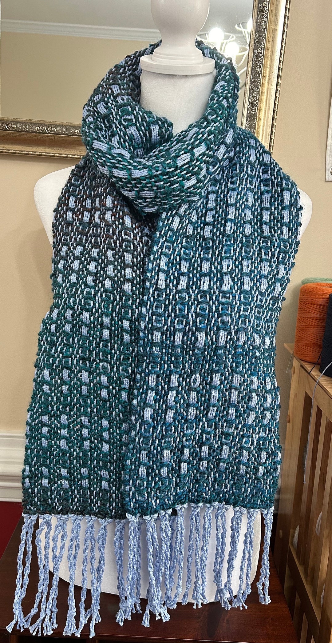 Handwoven Teal and Light Blue Scarf With Black and Copper: Handmade ...