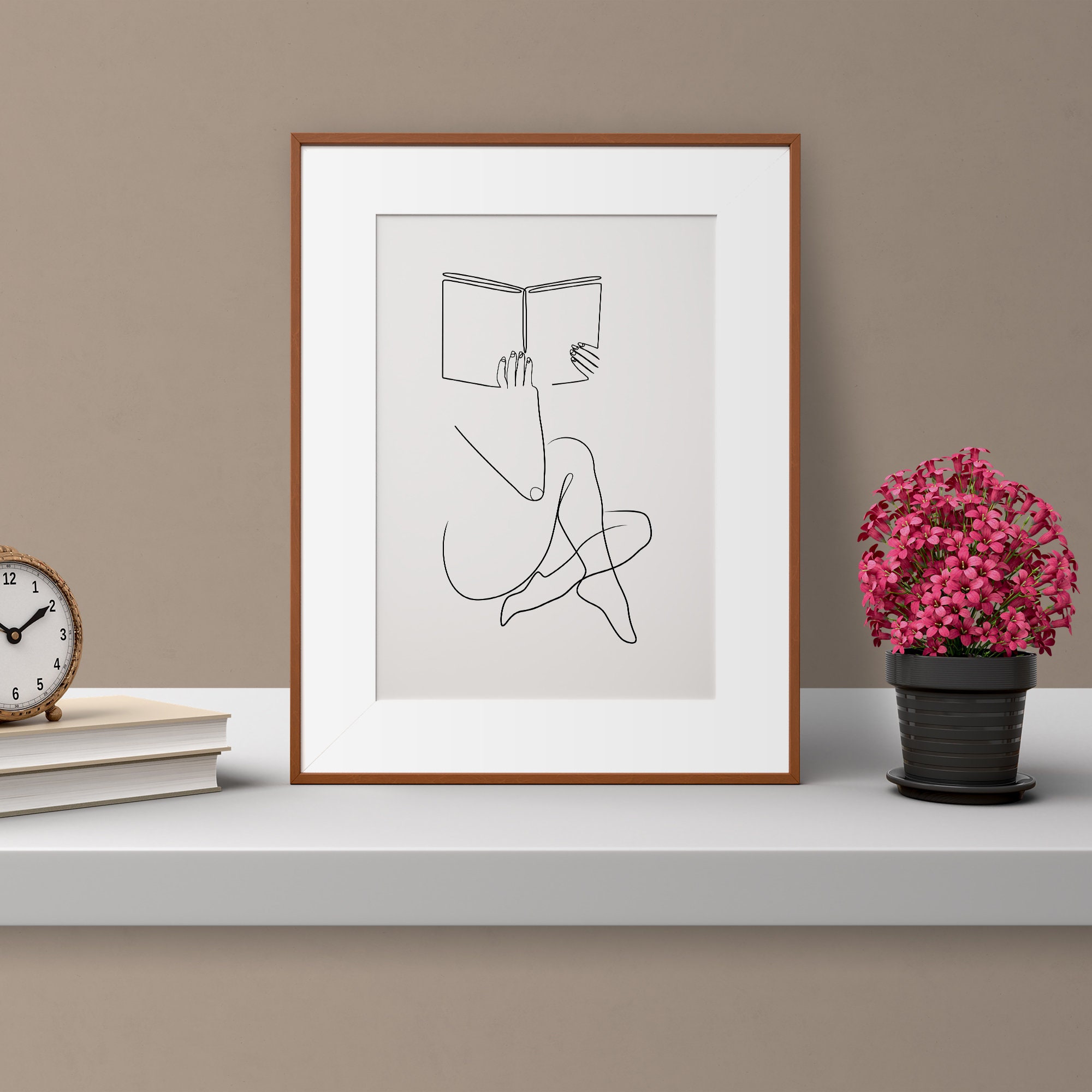 Woman Reading Line Art, Book Line Art Print, Reading Girl Printable ...