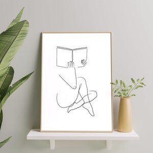 Woman Reading Line Art, Book Line Art Print, Reading Girl Printable ...