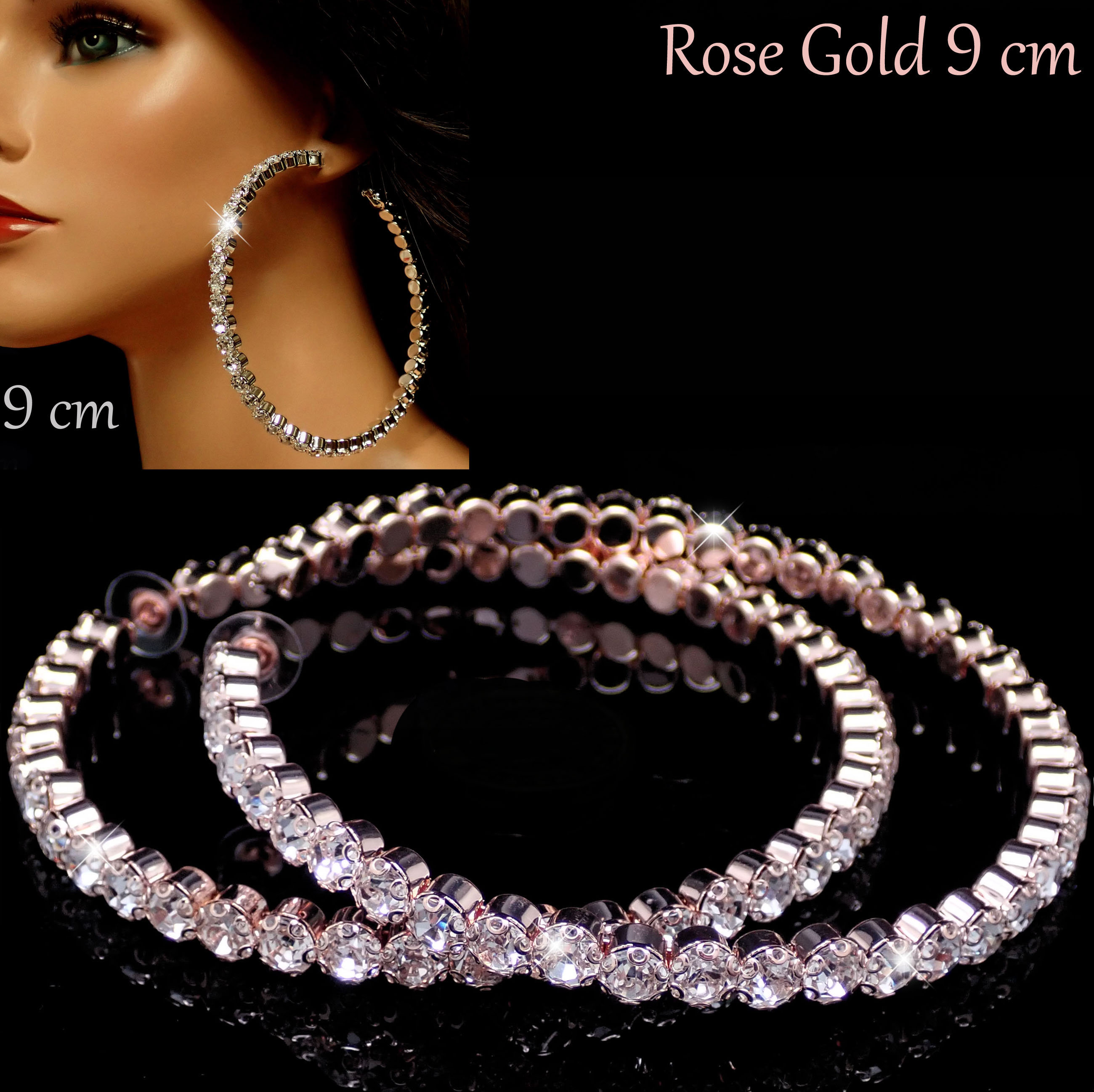 Large Stone Hoop Earrings, Big Sparkle Bling Loops, Rose Gold Silver ...