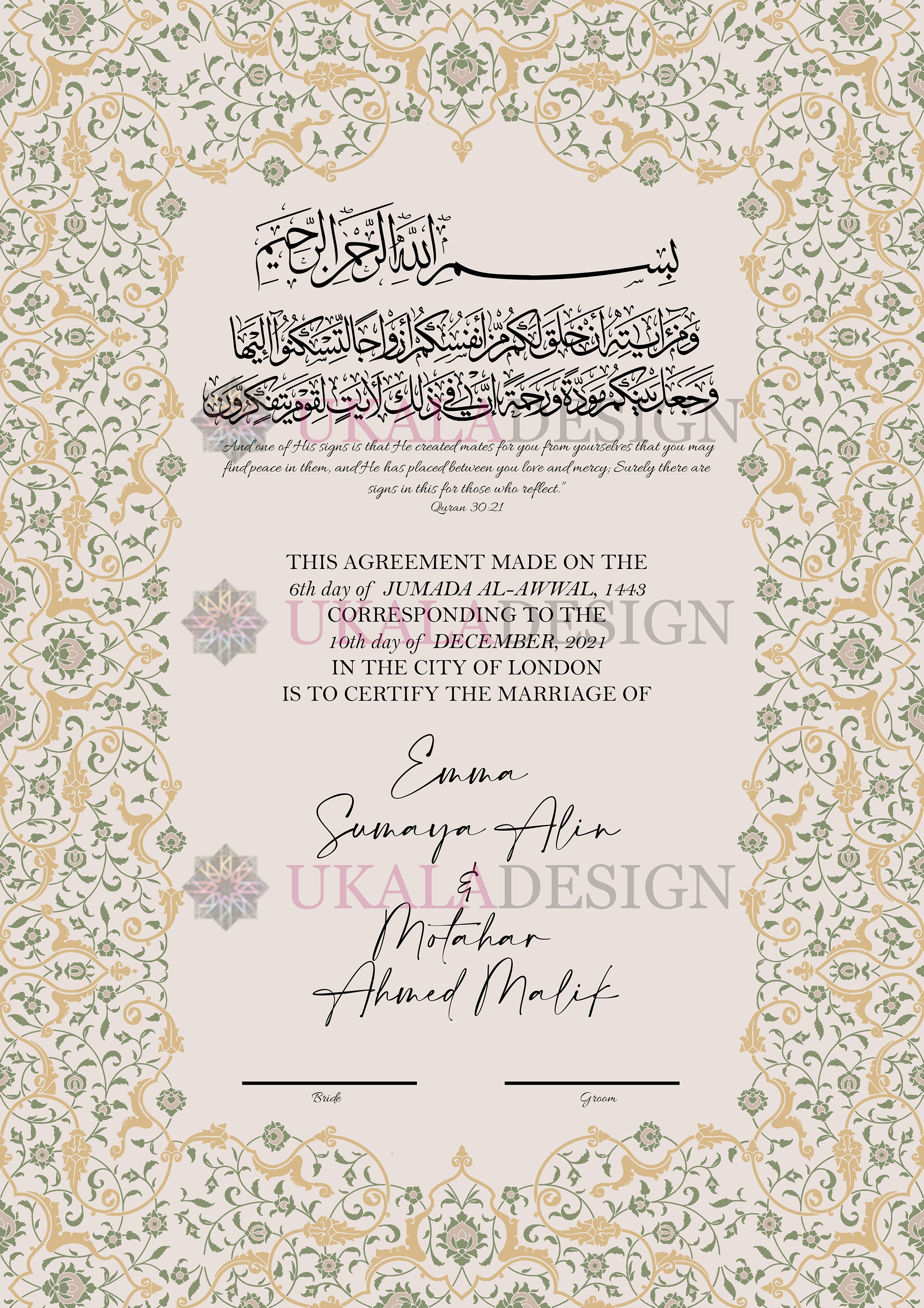 DIGITAL DOWNLOAD Personalised Nikkah Contract Nikah Nama - Etsy Australia