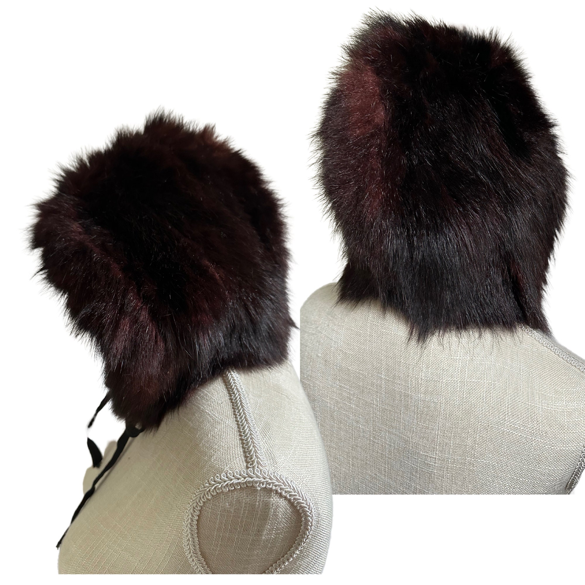 Fur Hat Black/red Highlights Vintage Fox Fur Hat Winter Fur Bonnet Tie ...