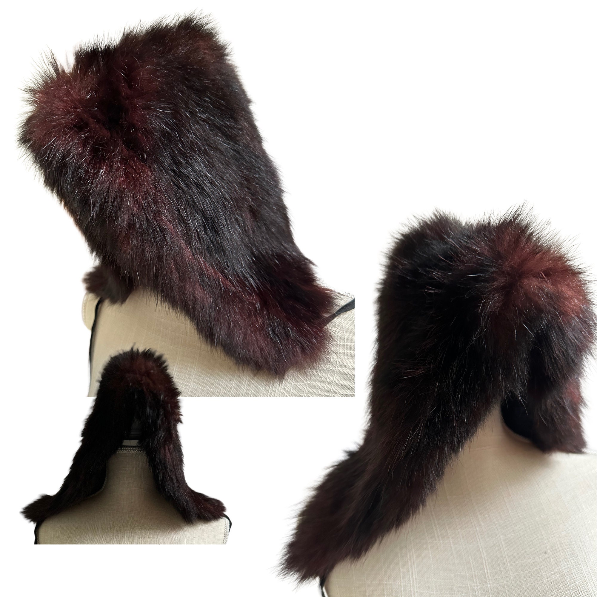 Fur Hat Black/red Highlights Vintage Fox Fur Hat Winter Fur Bonnet Tie ...
