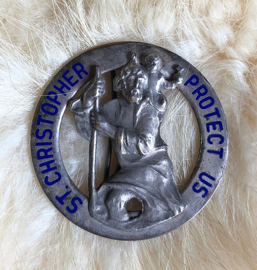 St. Christopher Protection Pin - Vintage Silver/blue Enamel Lettering ...