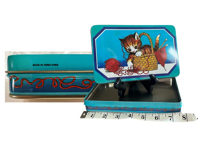Vintage Cat Tin - 7.5"x5" Rectangular Metal Box With Cat & Yarn Scene ...