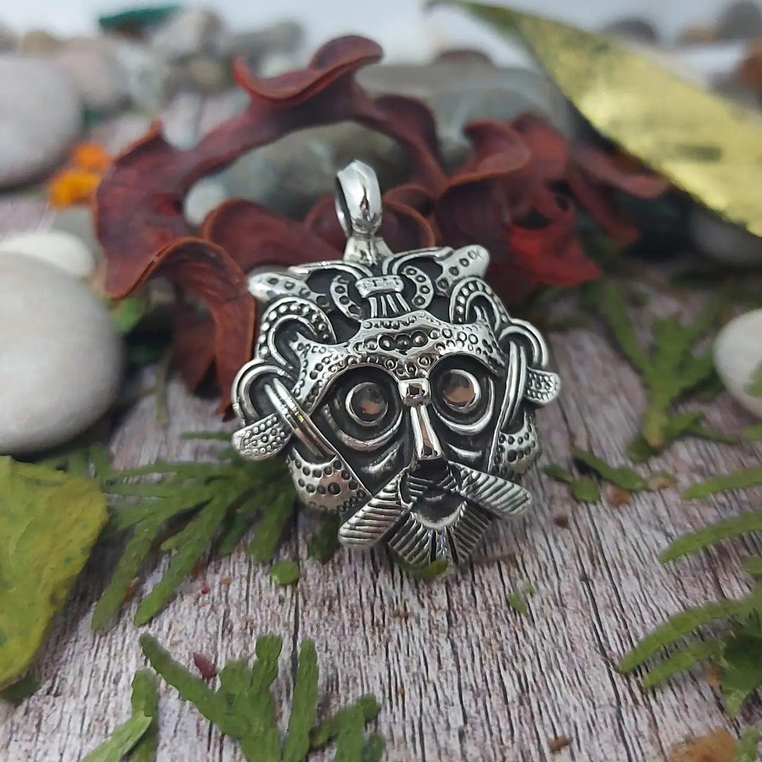 Loki Mask Pendant With Algiz Rune • Viking Necklace in Sterling Silver ...