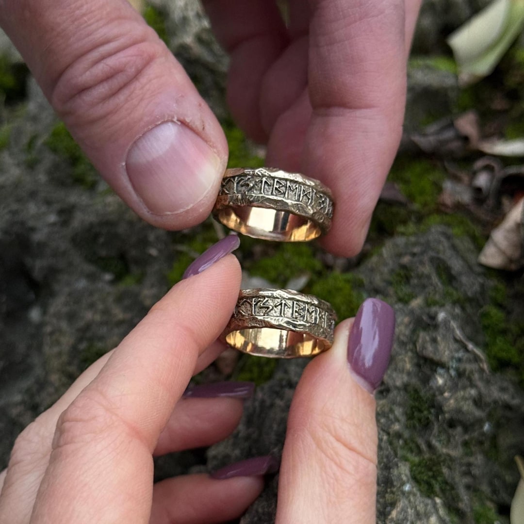Hammered Rune Wedding Bands – Norse Gold Rings for Couples, Viking ...