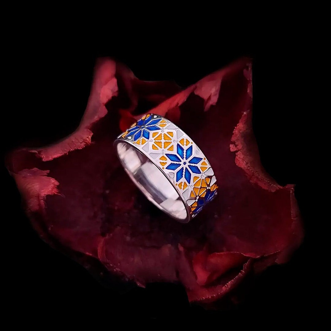 Ukrainian Ornament Ring With Enamel – Ukrainian Embroidery Band Ring ...