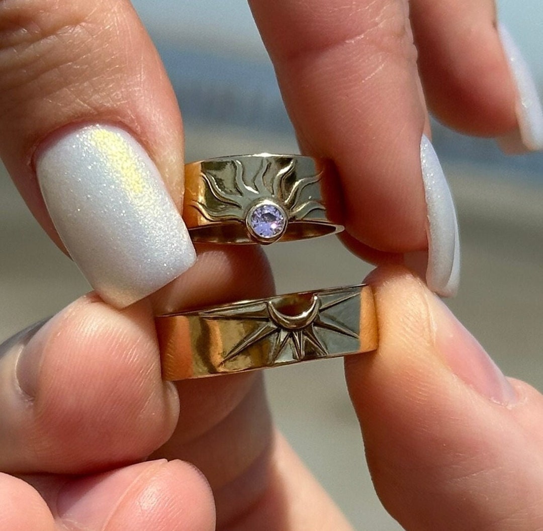 Sun and Moon Rings Set – Matching Wedding Rings, His and Hers Promise Rings, Engagement Ring Set ...