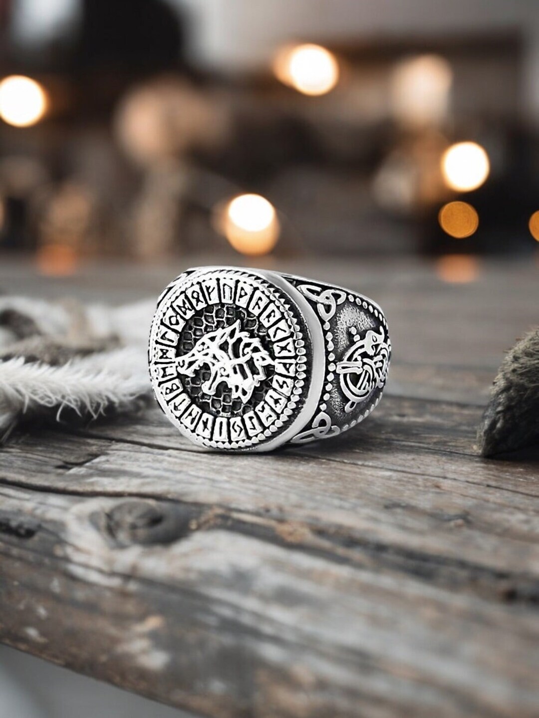 Viking Fenrir Wolf Ring With Runes | Norse Mythology Jewelry | Nordic ...