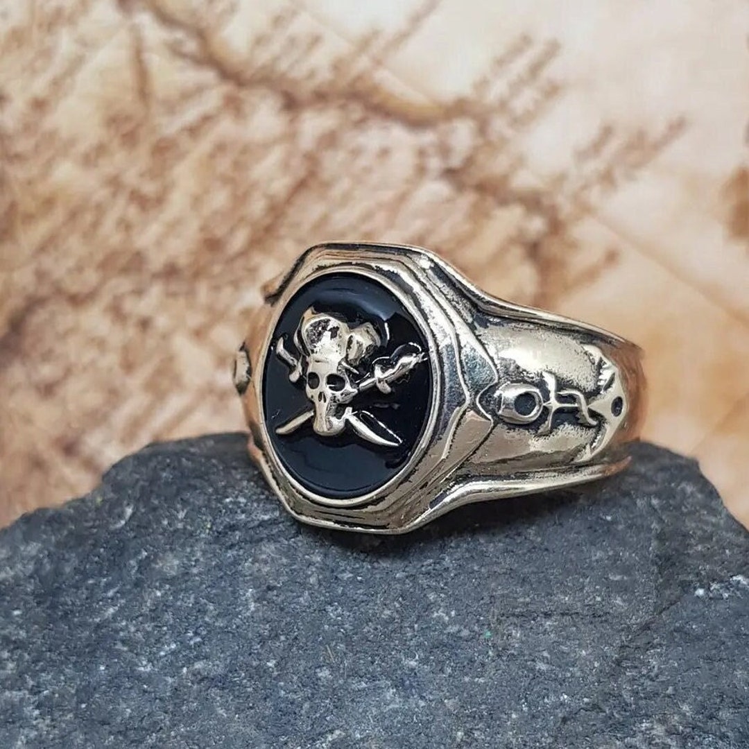 Pirate Enamel Skull Ring – Sterling Silver or Bronze Jolly Roger Ring ...