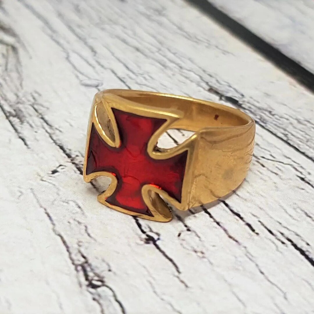 Maltese Cross Signet Ring - Bronze Enamel Ring, Knights Hospitaller ...