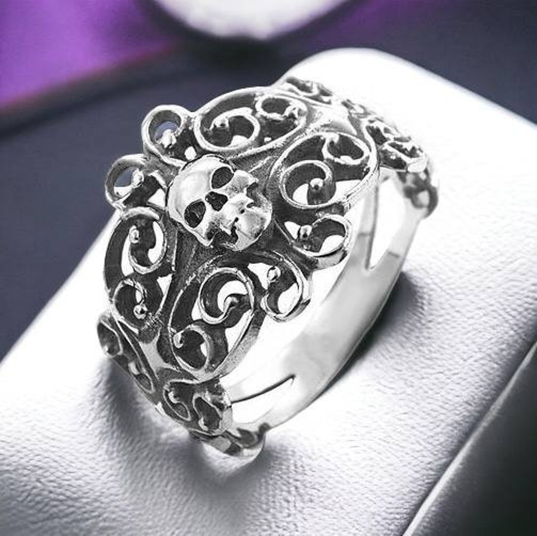 Silver Gothic Ring With Tiny Skull and Intricate Patterns - Edgy ...