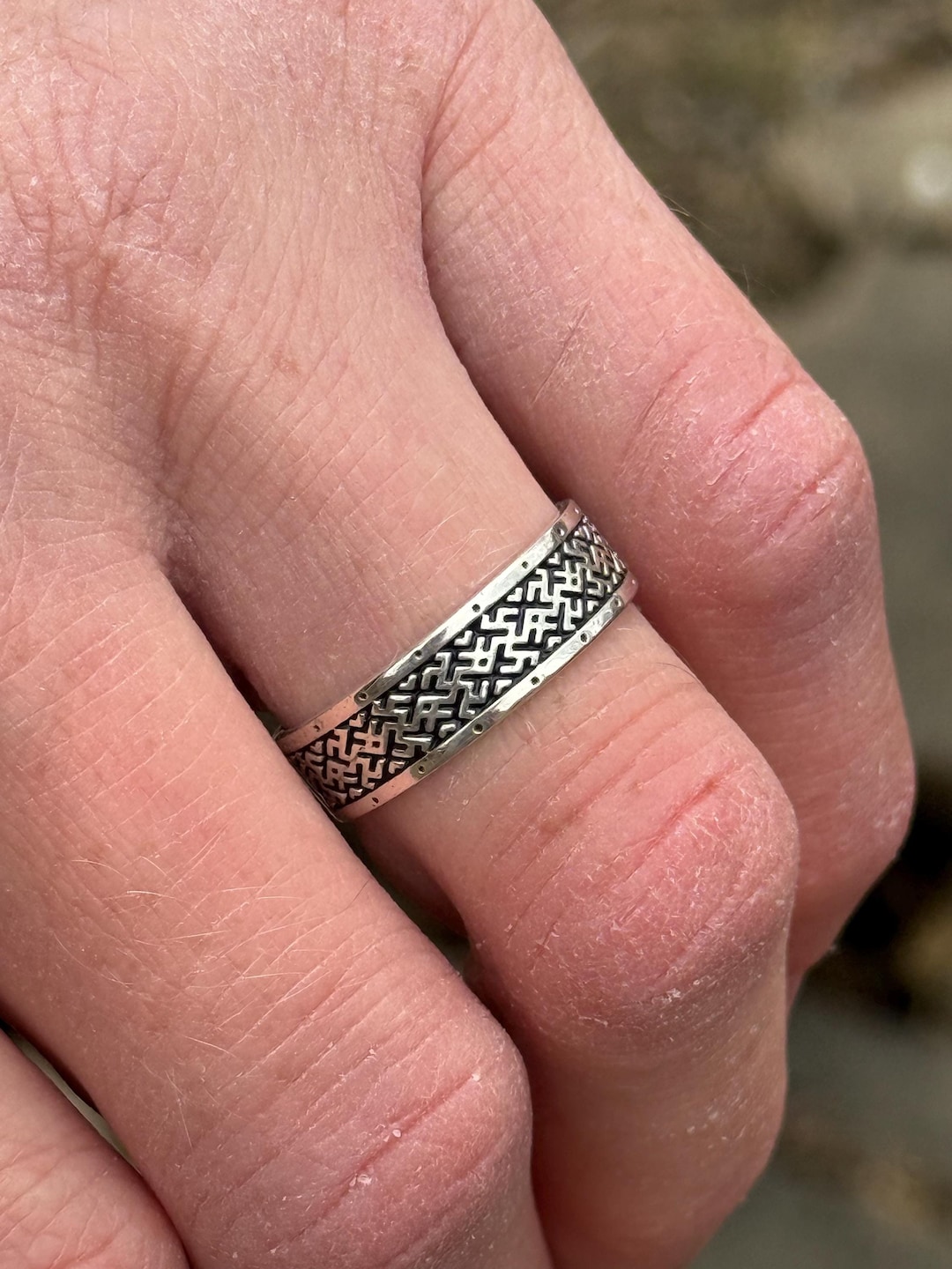 Ukrainian Ornament Silver Ring – Slavic Embroidery Pattern Band – Black ...