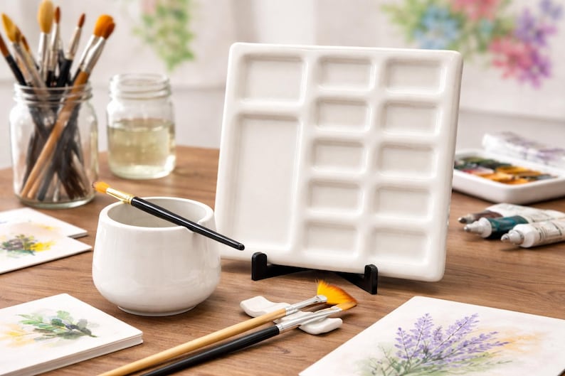 Ceramic Watercolor Palette Set - Paint Mixing Tray, Brush Rest & Water ...