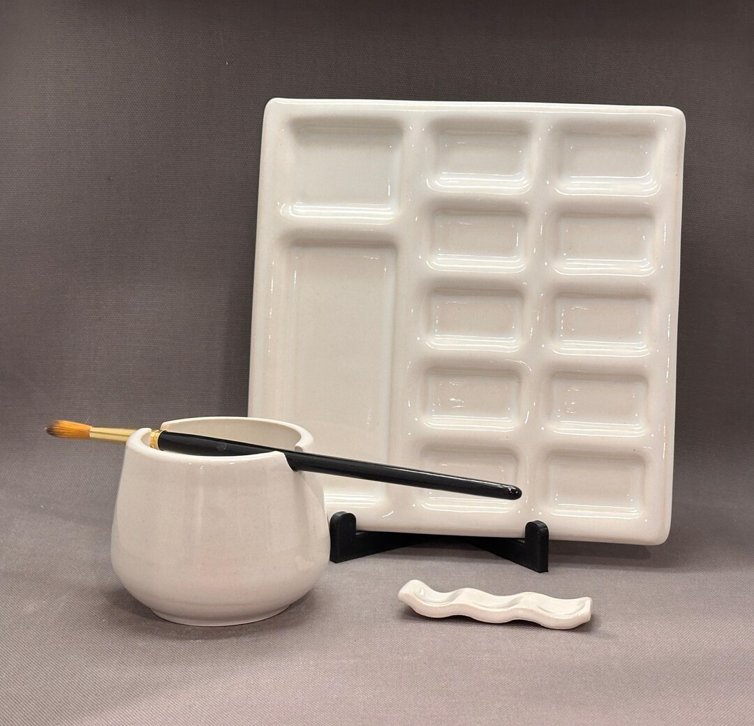 Ceramic Watercolor Palette Set - Paint Mixing Tray, Brush Rest & Water ...